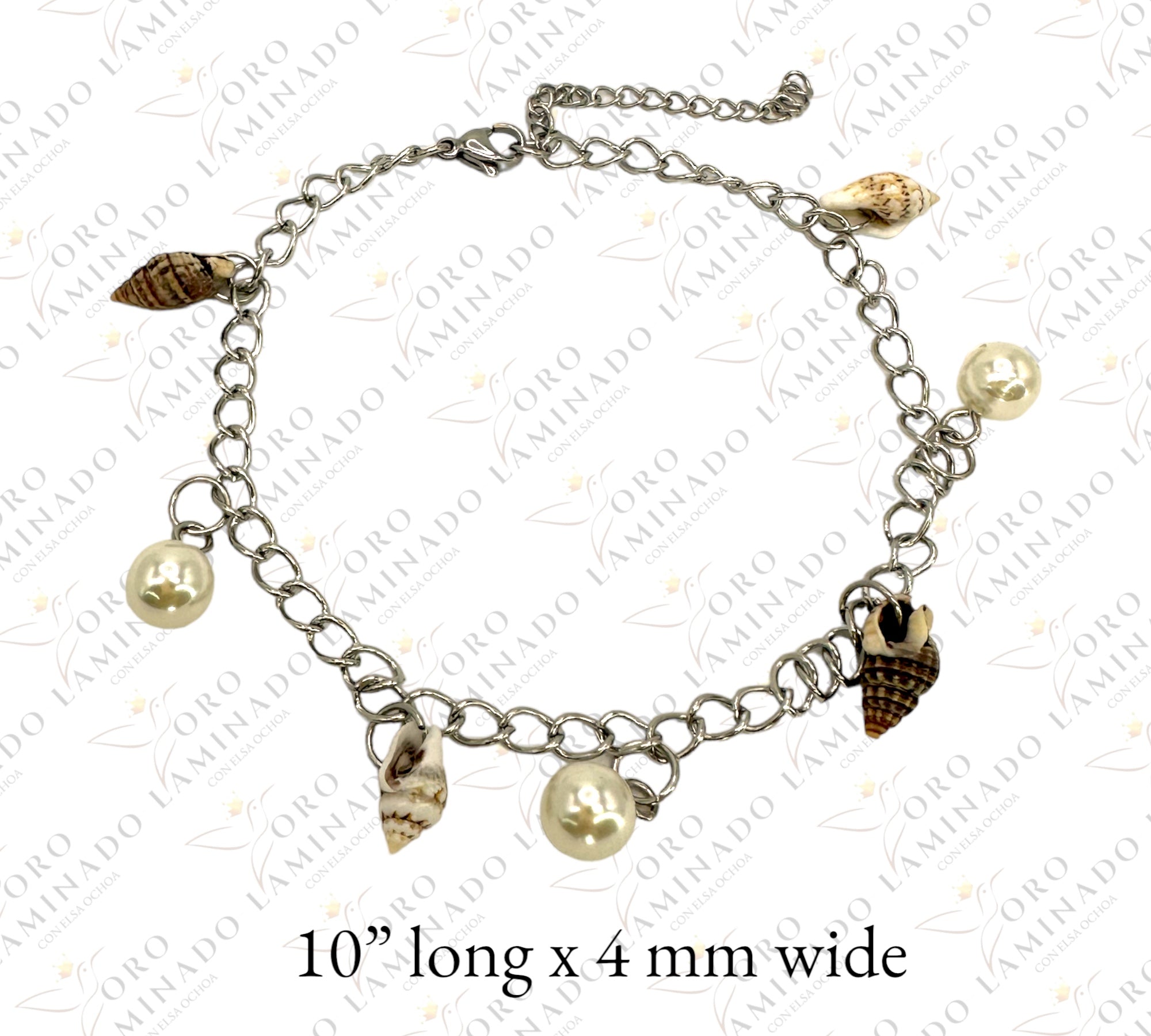 Silver anklet with pearls and shells Y158 – Oro Laminado Elsa