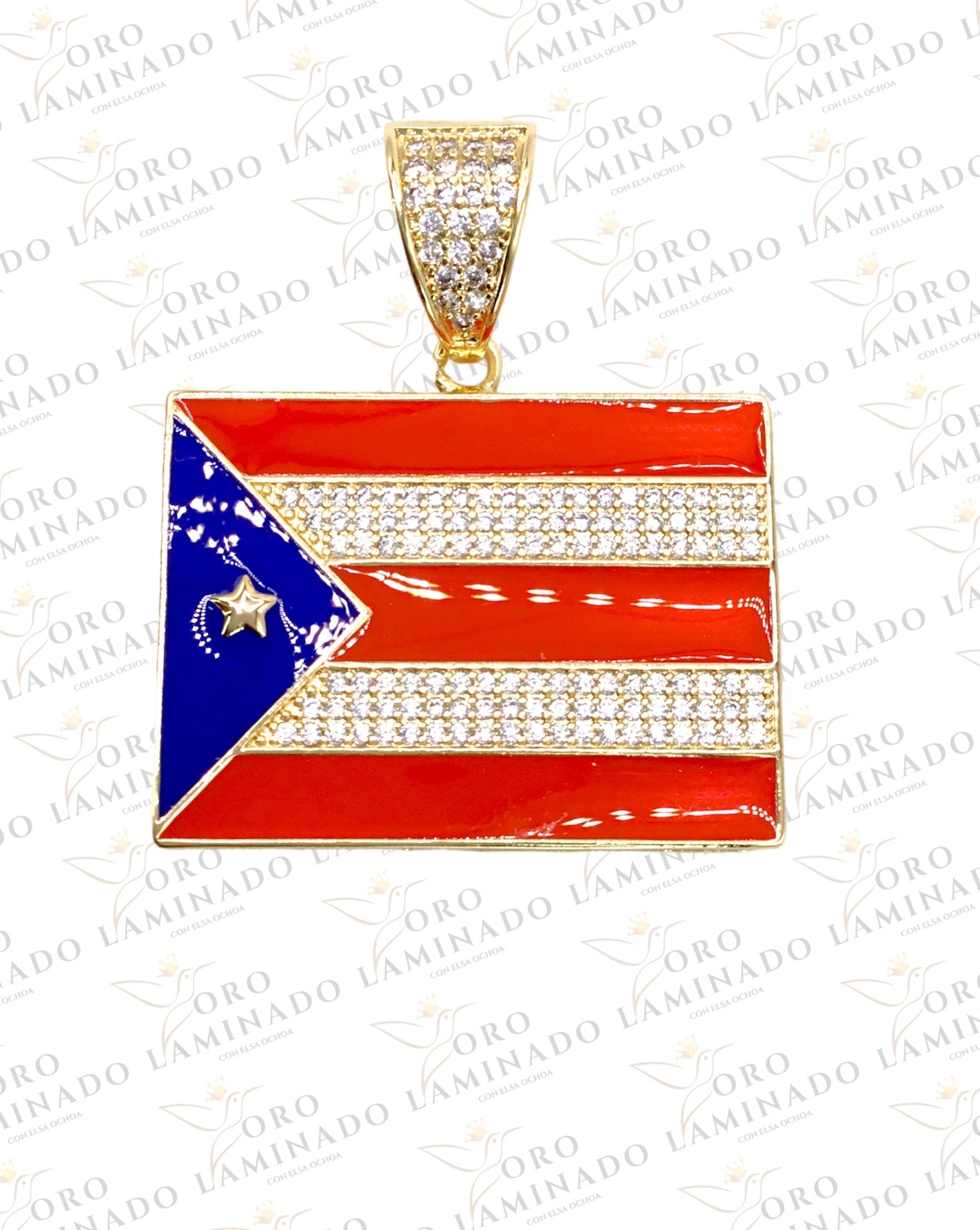 1.75” Puerto Rico Flag Pendant With White Crystals R230 – Oro Laminado Elsa