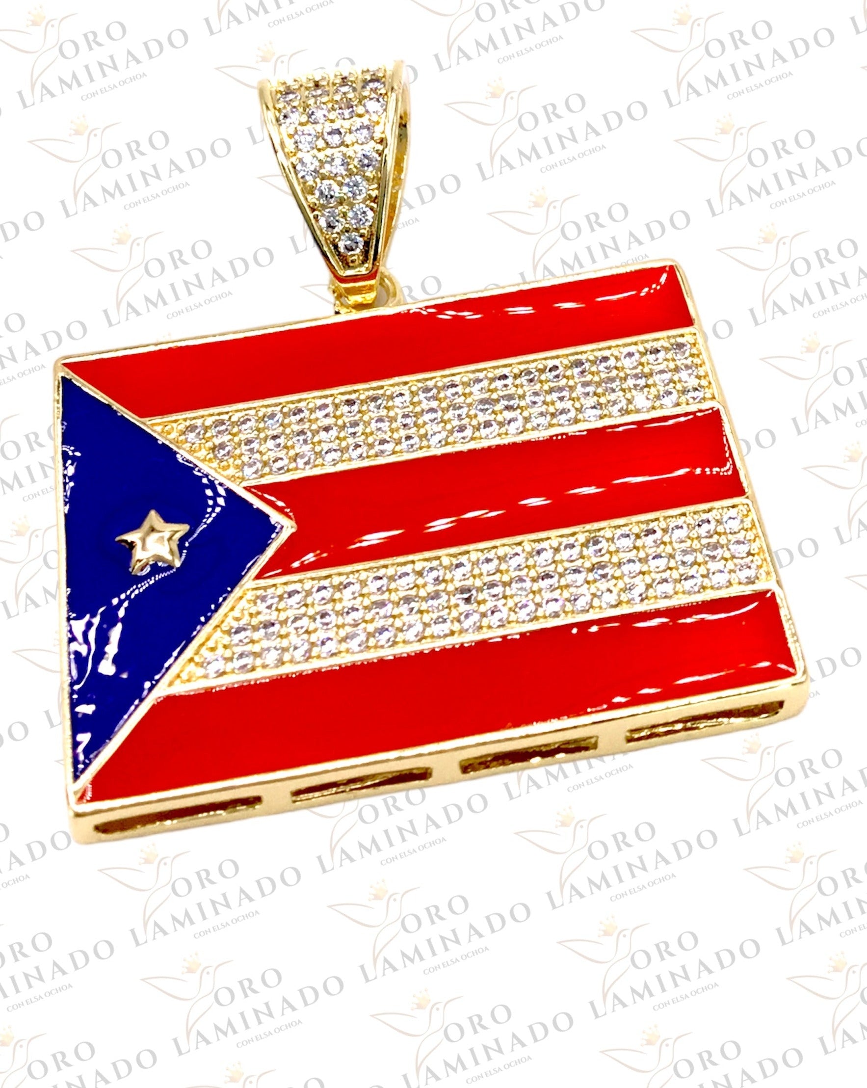1.75” Puerto Rico Flag Pendant With White Crystals R230 – Oro Laminado Elsa